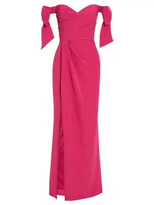 Marchesa Off-the-shoulder Bow-embellished Crepe Gown - Fuchsia