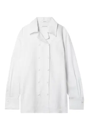 Another Tomorrow Net Sustain Double-breasted Linen Shirt - White