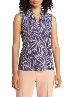Anne Klein Leaf Print Triple Pleat Sleeveless Top - Distant Mountain Multi
