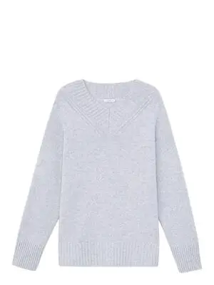 Lafayette 148 New York Cashmere Ribbed V-neck Sweater - Grey Heather
