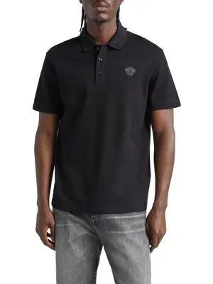 Versace Metallic Greca Collar Piqué Polo - Black Black