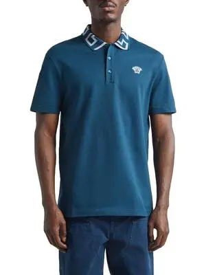 Versace Metallic Greca Collar Piqué Polo - Petrol Blue