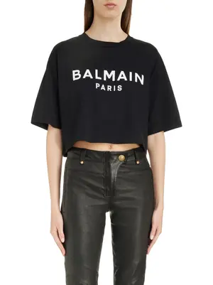 Balmain Logo Crop Cotton T-shirt - Eab Black/white