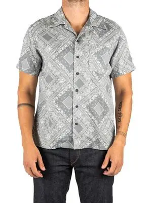 HIROSHI KATO The Wrench Waffle Bandana Print Short Sleeve Button-up Camp Shirt - Gray Bandana