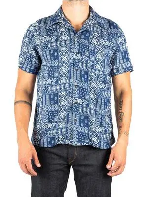 HIROSHI KATO The Wrench Waffle Bandana Print Short Sleeve Button-up Camp Shirt - Blue Bandana