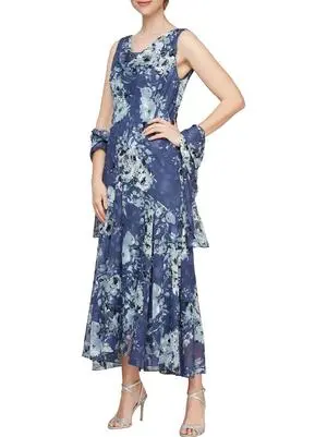 Alex Evenings Print Cowl Neck Maxi Dress With Shawl - Wedgewood