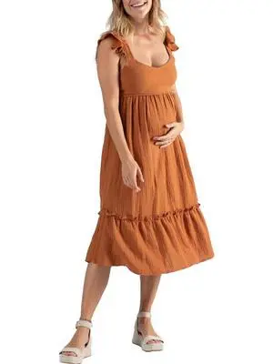 CACHE COEUR Melody Organic Cotton Gauze Maternity/nursing Midi Dress - Caramel