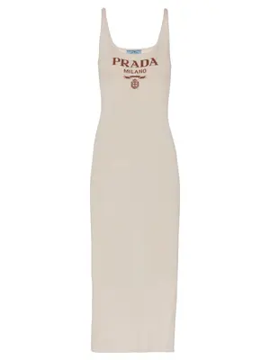 Prada Logo-intarsia Silk Midi Dress - Neutrals