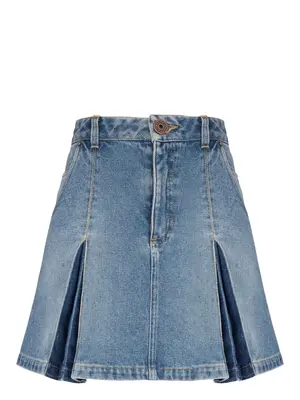 Balmain Pleated Denim Mini Skirt - Blue