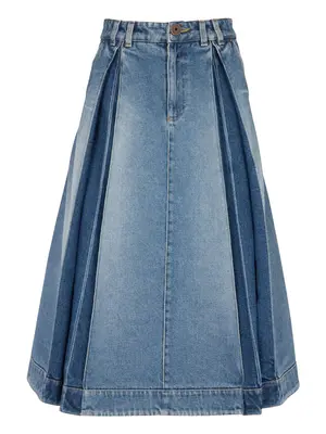 BALMAIN Pleated Denim Midi Skirt