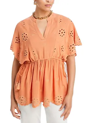 T Tahari Split Neck Eyelet Blouse - Copper Rose