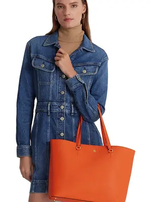 Ralph Lauren Ralph Lauren Crosshatch Leather Large Karly Tote Harvest Orange