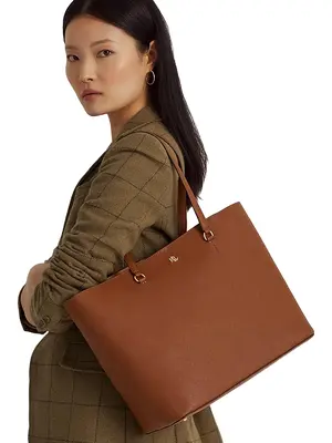 Ralph Lauren Crosshatch Leather Large Karly Tote - Lauren Tan