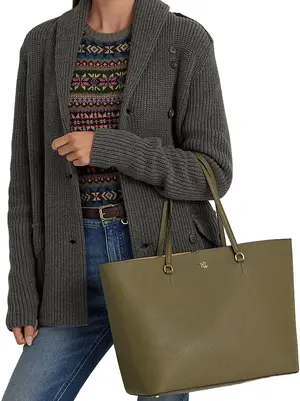 Ralph Lauren Ralph Lauren Crosshatch Leather Large Karly Tote Olive Fern