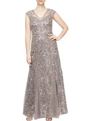 Alex Evenings Sequin Embroidered Evening Gown - Rich Taupe