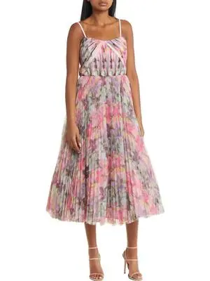 HUTCH Vita Floral Pleated Tulle Gown - Pink Laughing Lillies Tulle