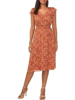 Chaus Tile Print Smock Waist Midi Dress - Rust/sky Blue 237