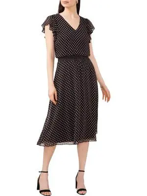 Chaus Polka Dot Smock Waist Midi Dress - Black/blush 006