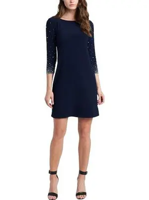 Chaus Imitation Pearl And Rhinestone Embellished Sheath Dress - Navy