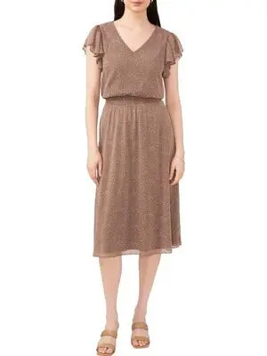 Chaus Dot Print Smock Waist Flutter Sleeve Midi Dress - Mocha/white