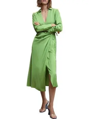Mango Long Sleeve Satin Wrap Shirtdress - Green
