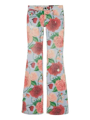 Loewe + Paula's Ibiza Roses Leather-trimmed Floral-print Flared Jeans Pink
