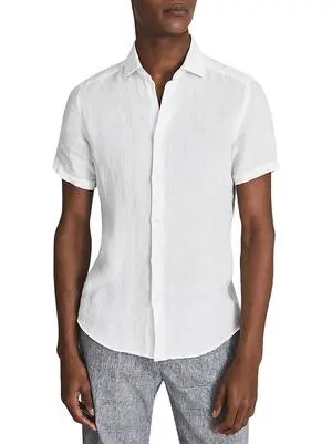REISS Holiday Slim Fit Short Sleeve Linen Shirt - White