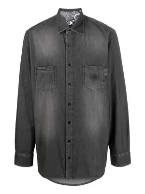 Philipp Plein Rhinestone Skull-print Denim Shirt - Grey