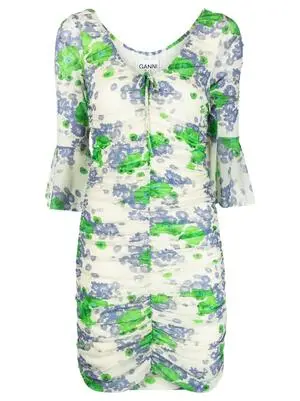 GANNI Floral-print Ruched Minidress - Neutrals