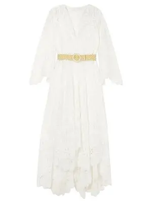 Zimmermann Chintz Doily Belted Asymmetric Guipure Lace Midi Dress - Ivory