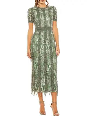 Mac Duggal Cocktail Geometric Beaded Midi-dress - Sage