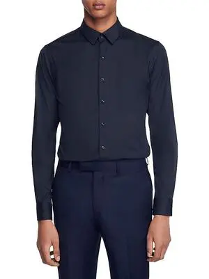 Sandro Seamless Stretch Button Up Shirt - Navy Blue