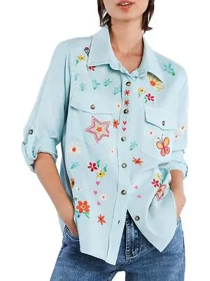 BILLY T Sketchbook Embroidered Denim Shirt Minty
