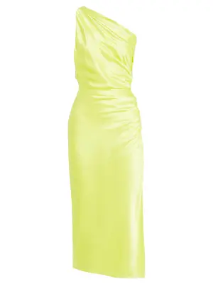Michelle Mason One-Shoulder Ruched Silk-Satin Midi Dress Chartreuse