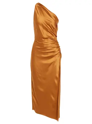 Michelle Mason One-Shoulder Ruched Silk-Satin Midi Dress Copper
