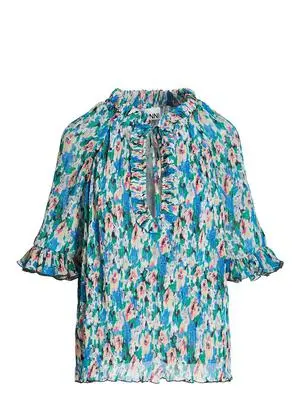 GANNI Pleated Floral Georgette Top With Ruffled Trims - Multicolor
