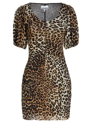 GANNI Ruched Leopard-print Mini Dress - Animal Print