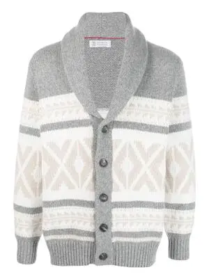 Brunello Cucinelli Pattern-intarsia Knitted Cashmere Cardigan - Grey
