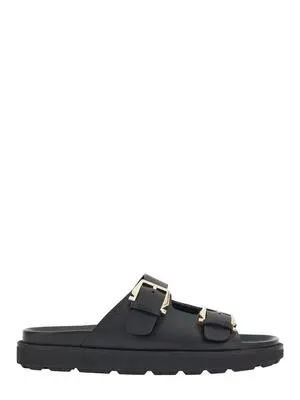 FERRAGAMO Double Buckle Leather Slides - Black