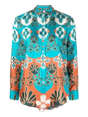 PAULA Patterned Jacquard Silk Shirt - Blue