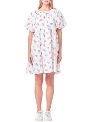 English Factory Floral Cotton Eyelet Babydoll Dress - White Multi
