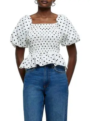 RIVER ISLAND Shirred Polka Dot Puff Sleeve Top - White