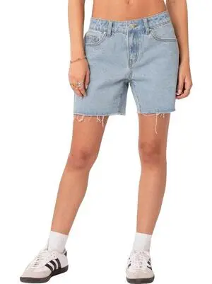 EDIKTED Tomboy Low Rise Denim Shorts - Light-blue