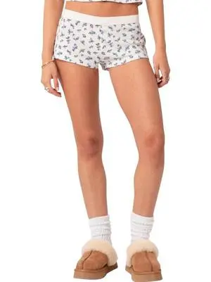 EDIKTED Floral Waffle Knit Micro Shorts - White