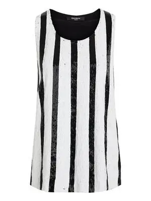 Balmain Embellished Striped Tulle Top - Black