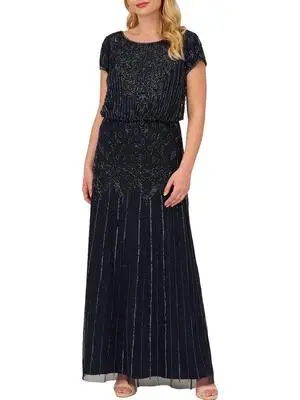Adrianna Papell Beaded Blouson Gown - Navy