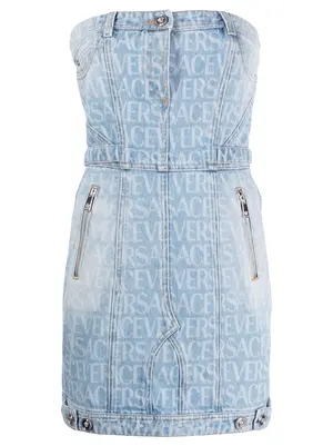Versace Allover Logo Denim Minidress - Blue