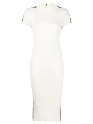 Philipp Plein Rhinestone Logo Ribbed Wool Midi Dress - Neutrals