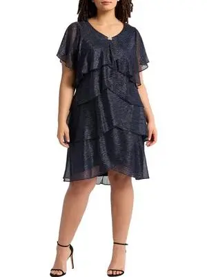 SL FASHIONS Slny Shimmer Tiered Ruffle Dress - Navy