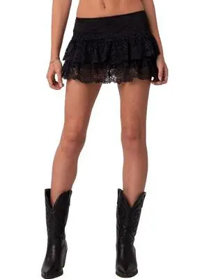 EDIKTED Tiered Low Rise Lace Mini Skirt - Black